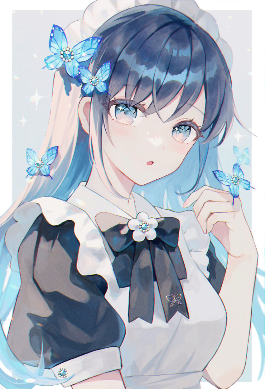 Safebooru - 1girl apron black bow black bowtie black dress blue eyes blue hair blush border bow ...