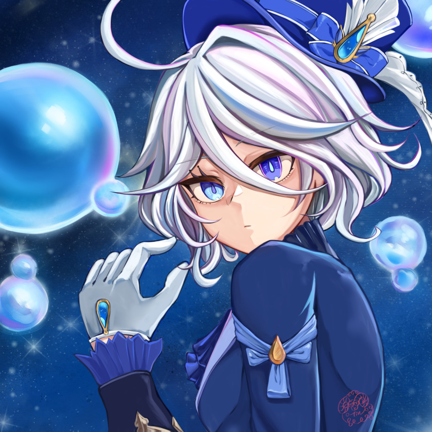 Safebooru - 1girl ahoge blue background blue eyes blue hat blue jacket bubble commentary furina ...