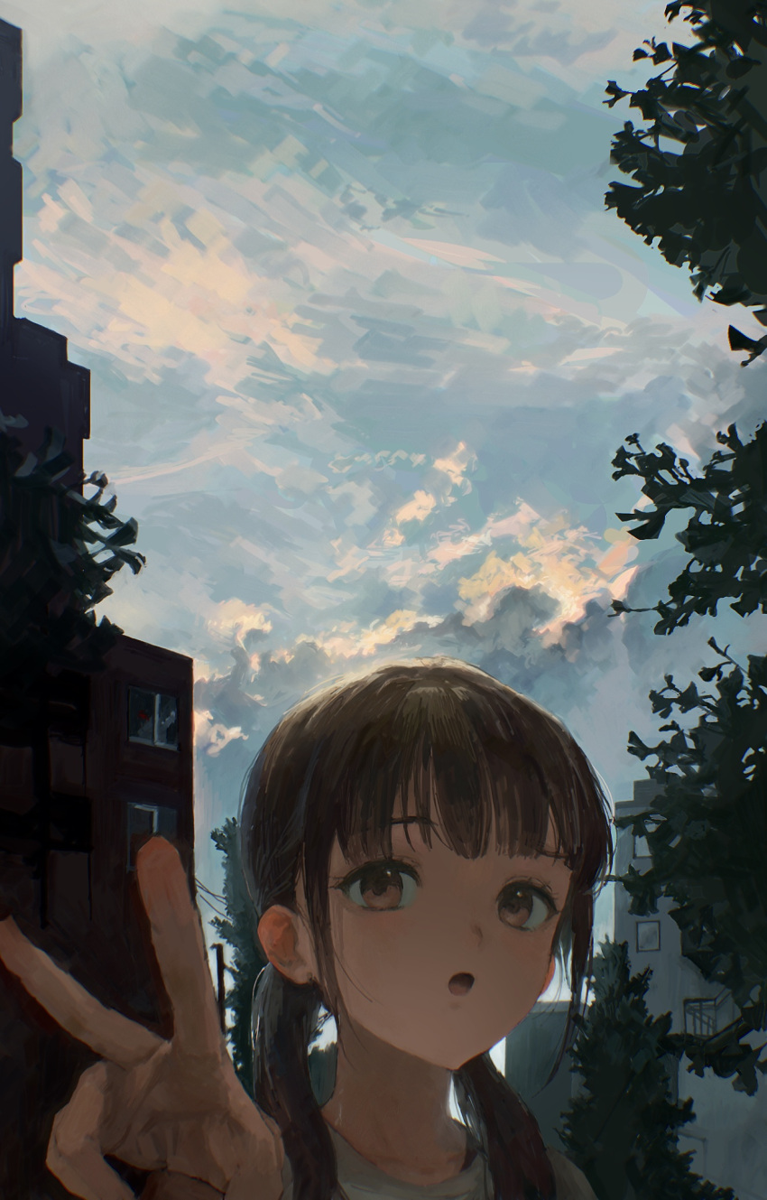 Safebooru - 1girl black hair brown eyes building clouds cloudy sky ...