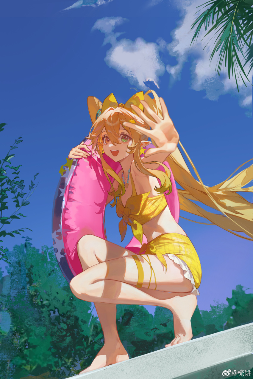 Safebooru - 1girl :d absurdres barefoot bikini blonde hair blue sky bow clouds day feet green ...