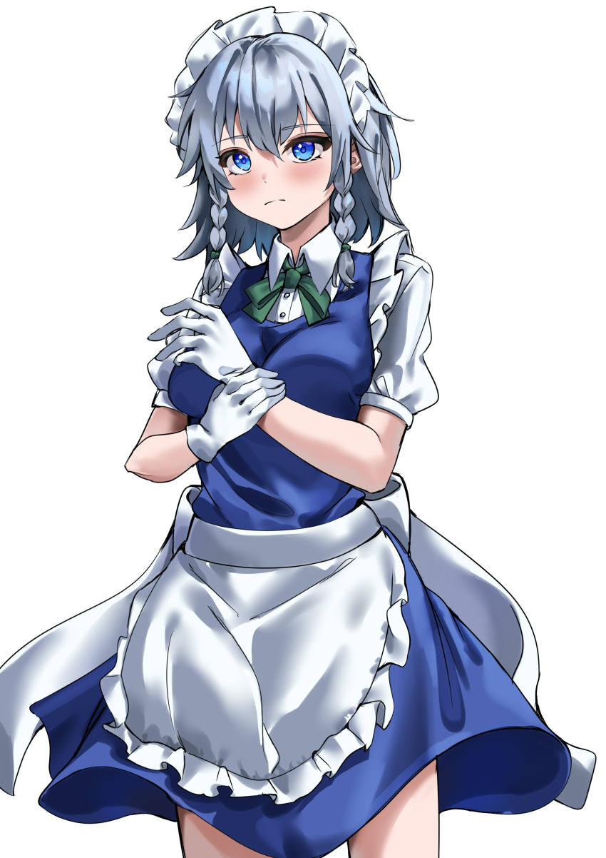 Safebooru - 1girl absurdres apron blue dress blue eyes braid cowboy shot dress gloves grey hair ...