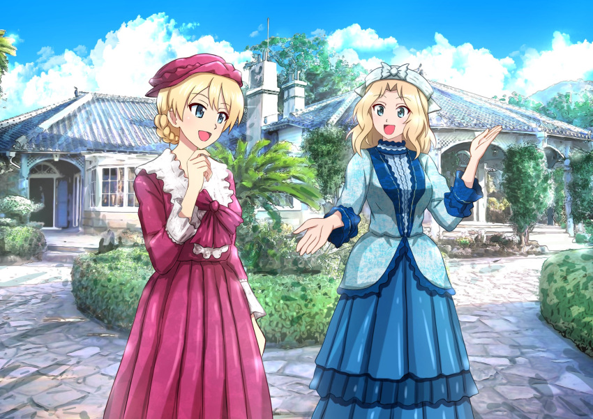 Safebooru - 2girls alternate costume blonde hair blue dress blue eyes blue sky bush clouds ...
