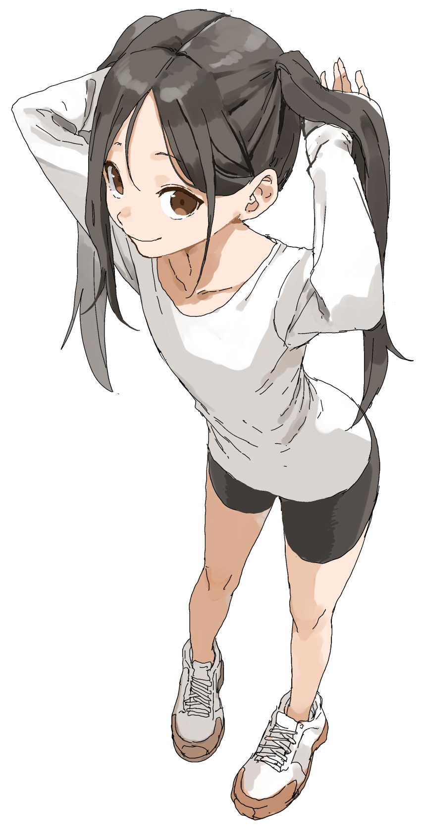 Safebooru - 1girl absurdres bike shorts black hair black shorts brown eyes closed mouth ...