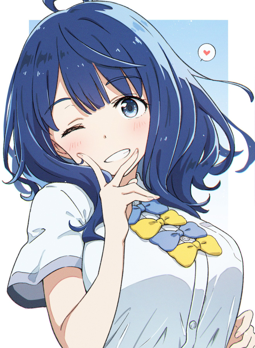 Safebooru - 1girl blue eyes blue hair blue ribbon blush breasts cowlick grin heart highres ...