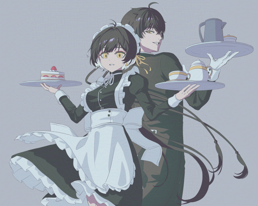 Safebooru - 1boy 1girl adversarial noise alternate costume apron black dress black hair breasts ...