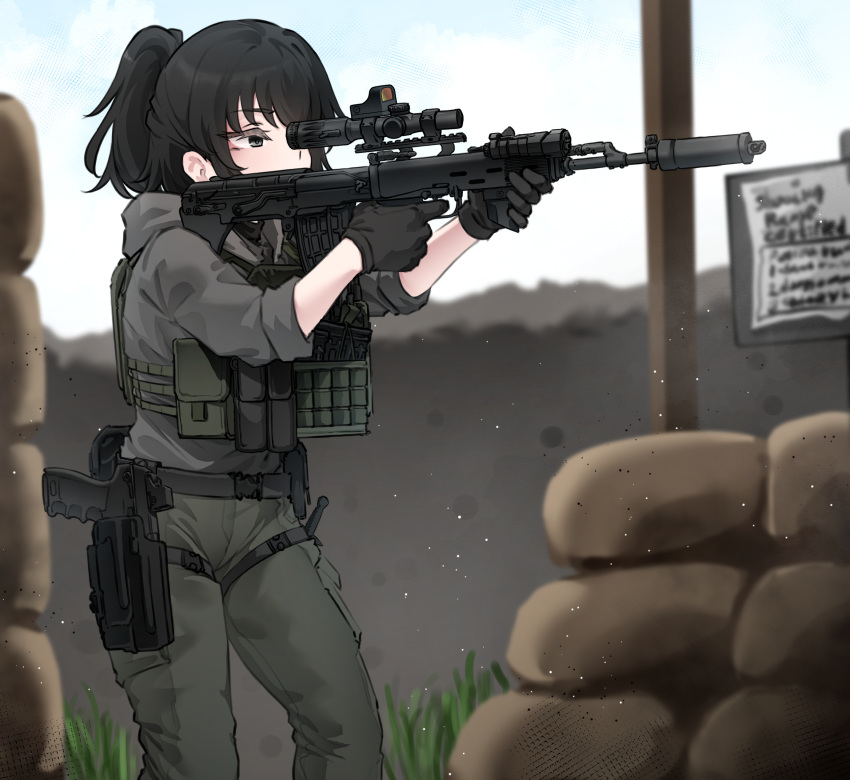Safebooru - 1girl absurdres aiming ammunition pouch black hair brown hair brown hat brown pants ...