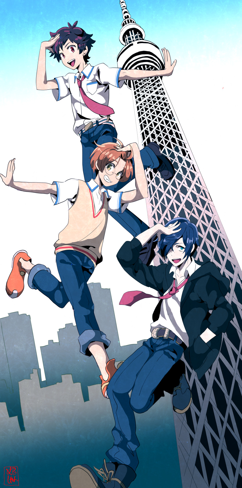 Safebooru - 3boys absurdres belt black hair black jacket blue eyes blue pants brown eyes brown ...