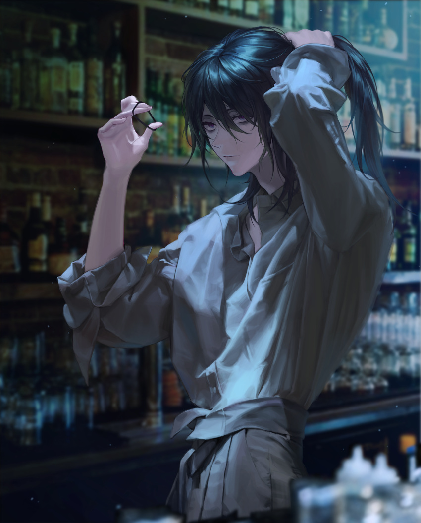 Safebooru - 1boy absurdres arm up bar (place) black hair blurry blurry background closed mouth ...