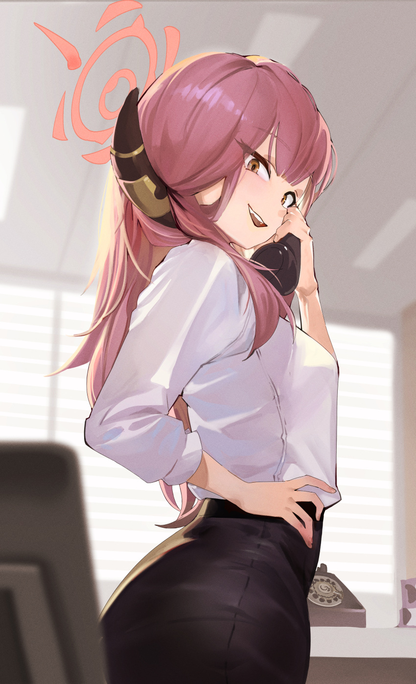 Safebooru - 1girl absurdres antique phone aru (blue archive) black skirt blue archive blurry ...