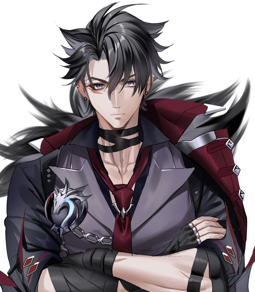 Safebooru - 1boy bandaged neck bandages black gloves black hair blue eyes closed mouth collared ...