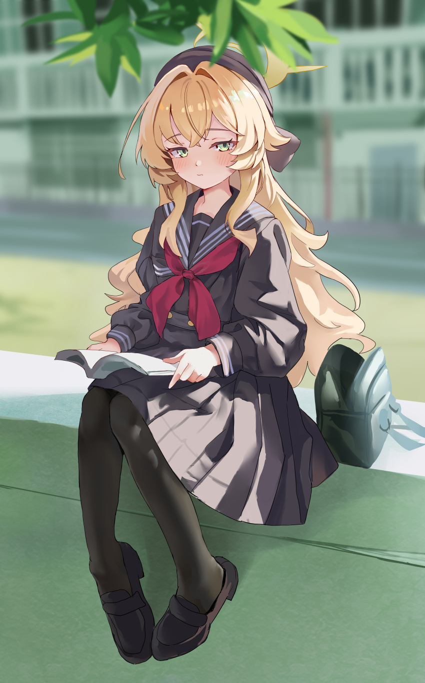 Safebooru - 123456789xxxx 1girl absurdres black pantyhose black serafuku black shoes blonde hair ...