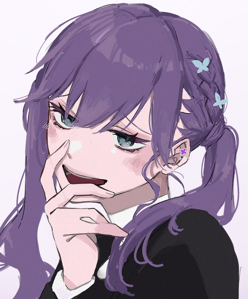 Safebooru - 1girl black jacket blush braid butterfly hair ornament commentary request ear ...