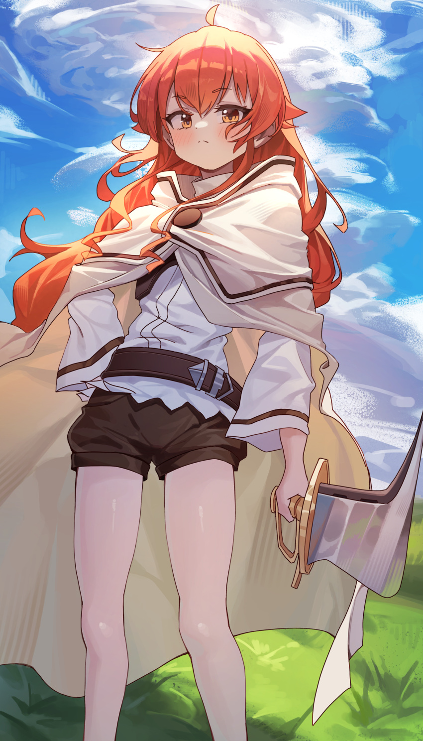 Safebooru - 1girl absurdres belt black shorts brown eyes capry closed mouth clouds cloudy sky ...