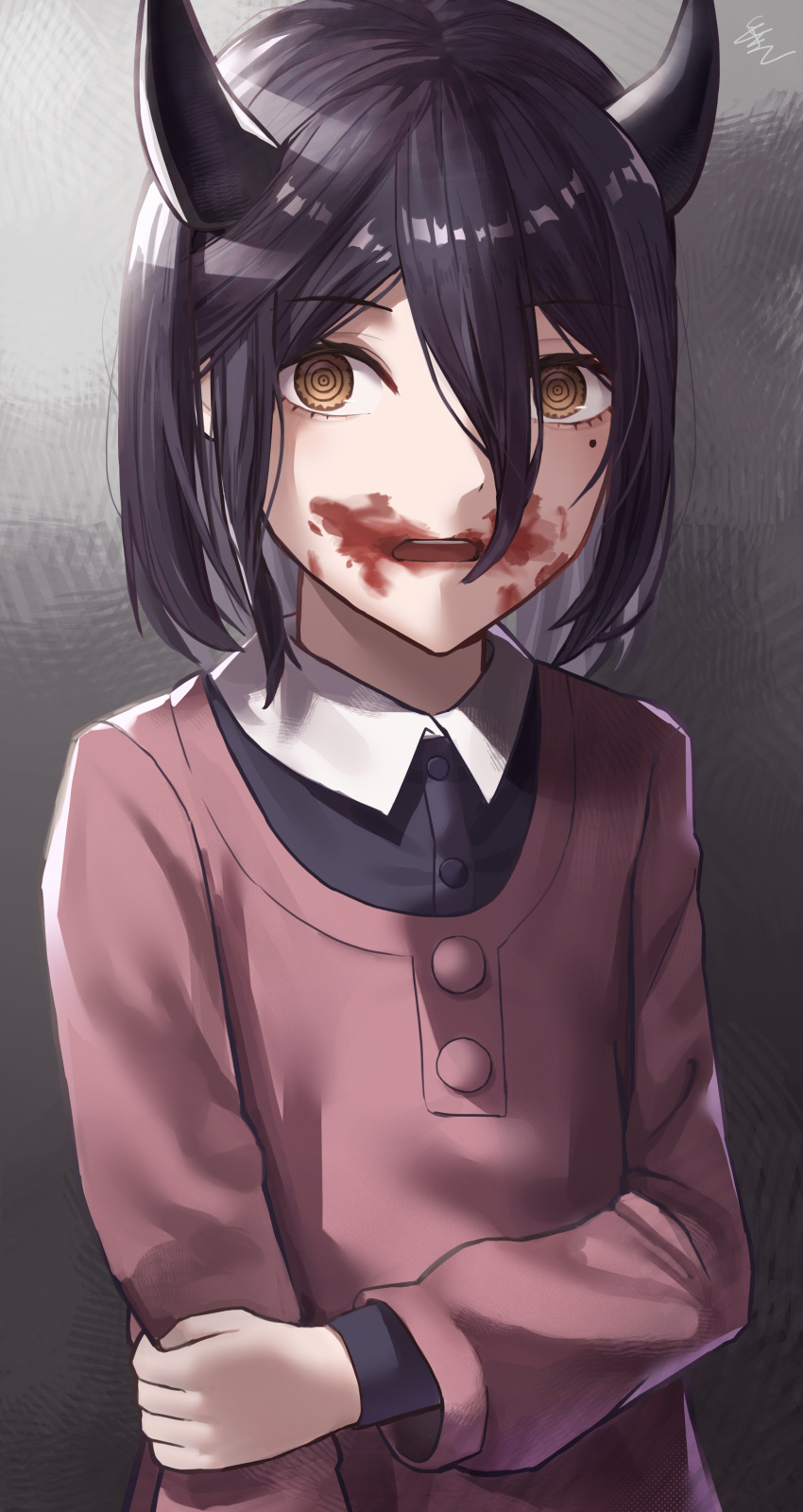 Safebooru - 1girl absurdres black hair black horns blood blood on face brown eyes collared shirt ...