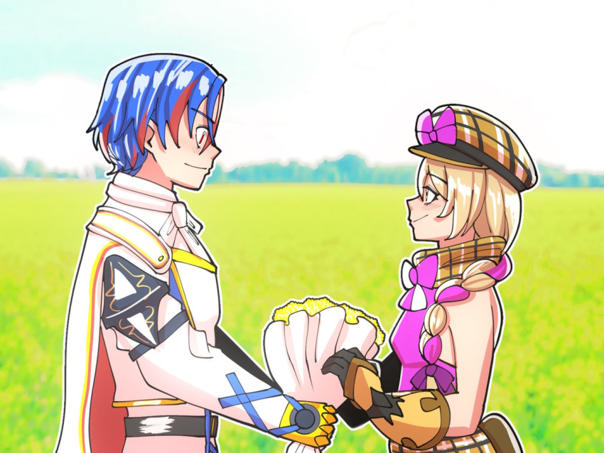 Safebooru - 1boy 1girl blonde hair blue hair bouquet braid braided ...