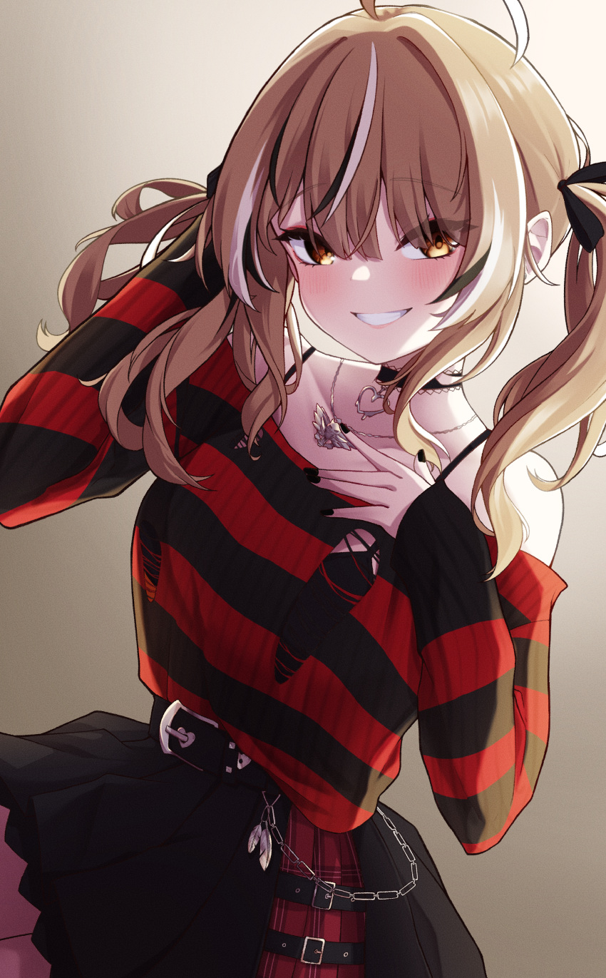 Safebooru - 1girl :d absurdres ahoge belt black belt black choker black ribbon black skirt black ...