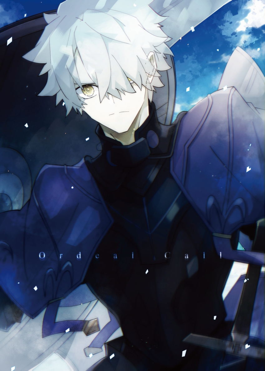 Safebooru - 1boy armor black armor blue sky capelet closed mouth clouds commentary request ...