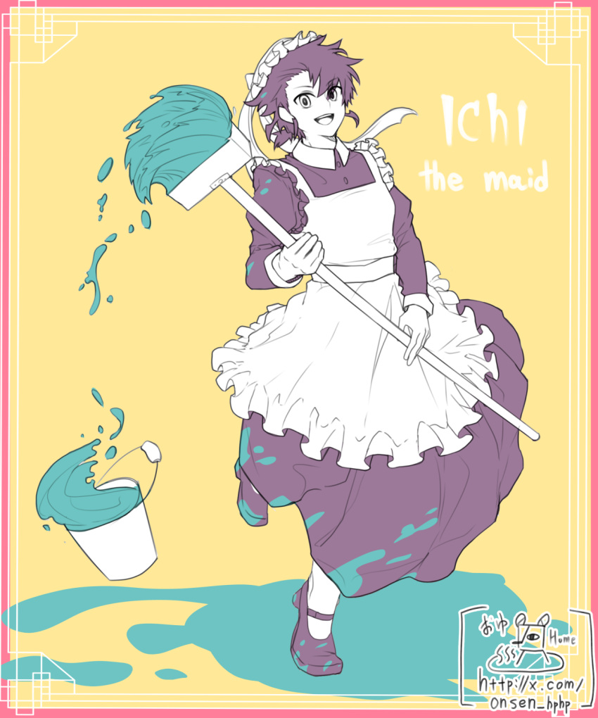 Safebooru - 1boy :d apron bucket character name dress hat highres holding holding mop ichi ...