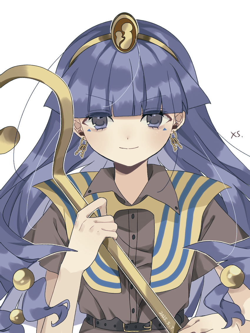 Safebooru - >:) 1girl belt belt buckle black belt blue eyes blue hair blunt bangs brown shirt ...