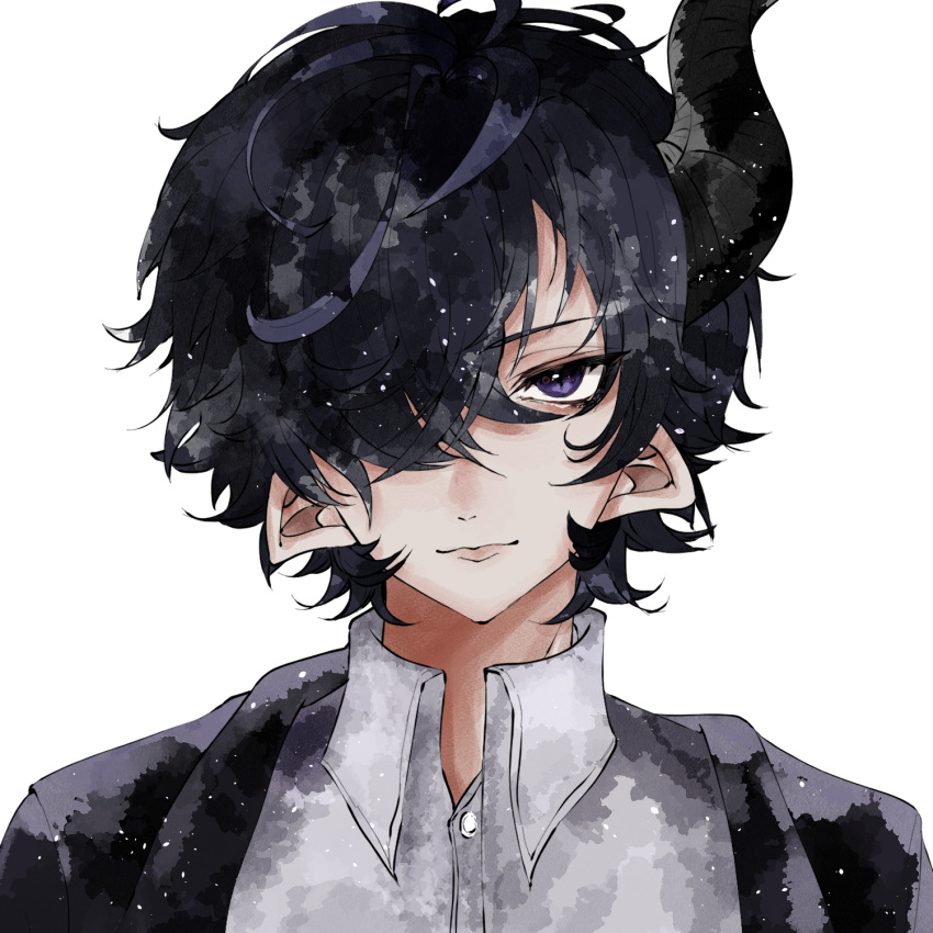 Safebooru - 1boy black eyes black hair black horns black jacket closed mouth grey shirt hair ...