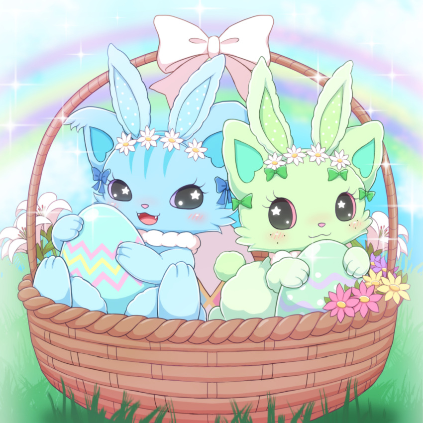 Safebooru - 2girls :3 animal ears basket beatcats blue bow blush bow ...