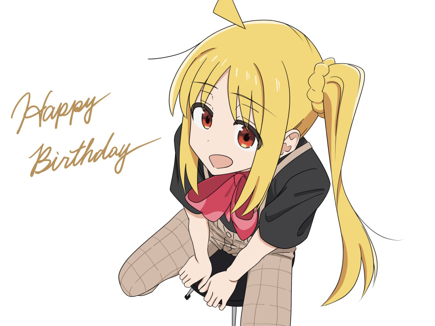 Safebooru - 1girl absurdres ahoge arm support black shirt blonde hair bocchi the rock! bow ...