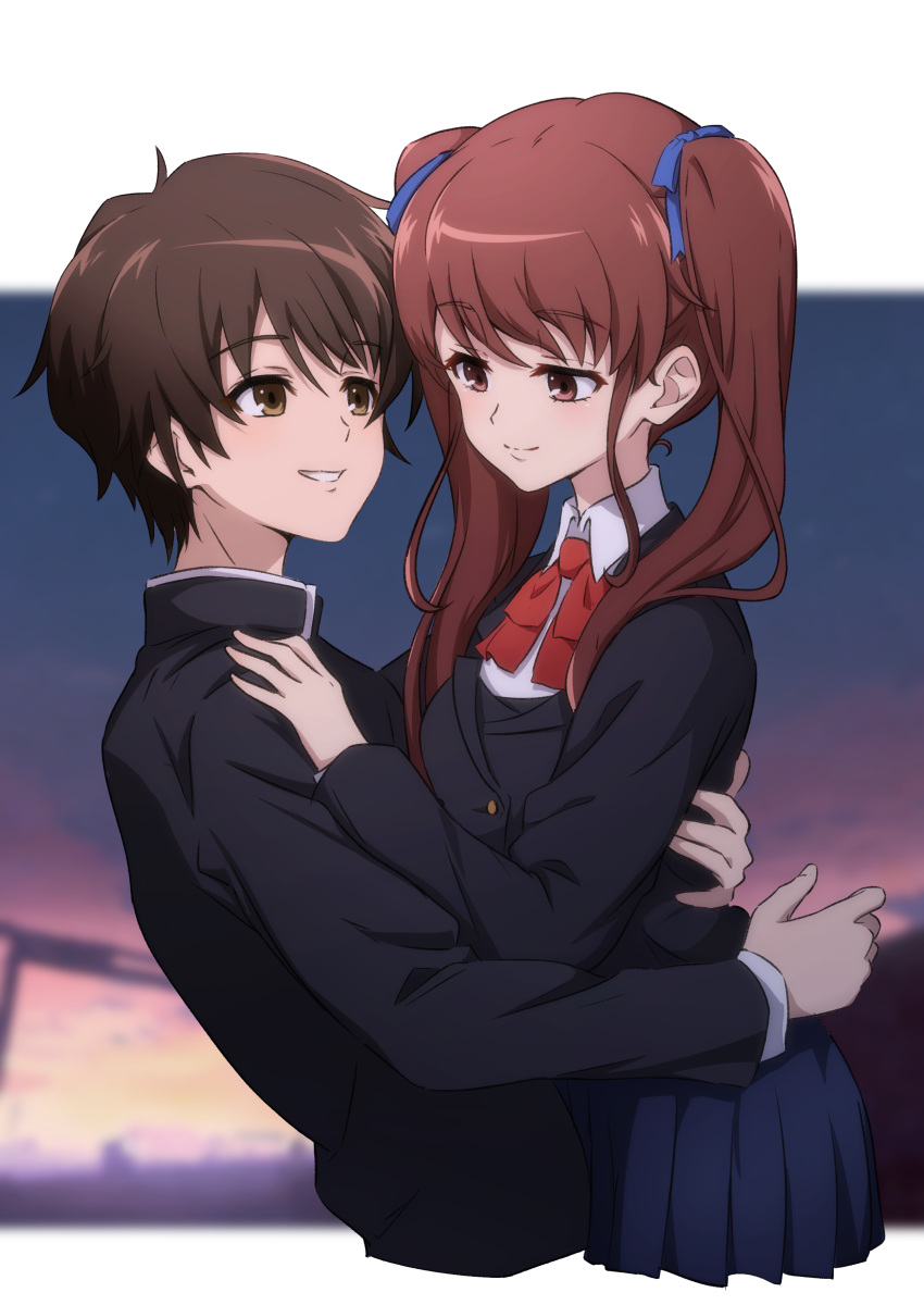 Safebooru - 1boy 1girl absurdres akazawa izumi another black jacket blue ribbon blue skirt ...