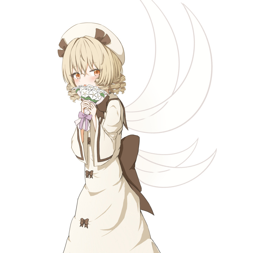 Safebooru - 1girl absurdres black bow blonde hair blush bow dress drill hair flower full body ...