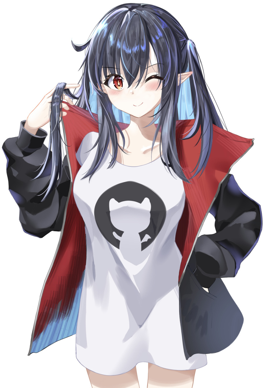 Safebooru - 1girl ;) absurdres arknights black hair black jacket blue hair blush closed mouth ...