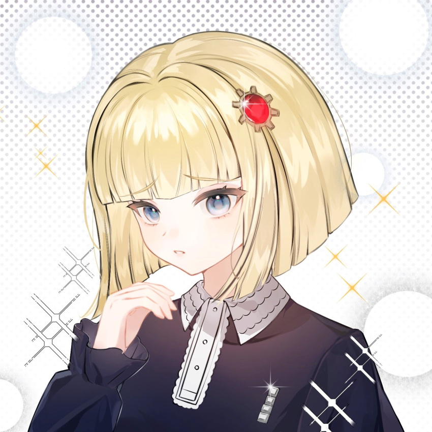 Safebooru - 1girl :o bare shoulders black dress blonde hair blue eyes blunt bangs bob cut dress ...