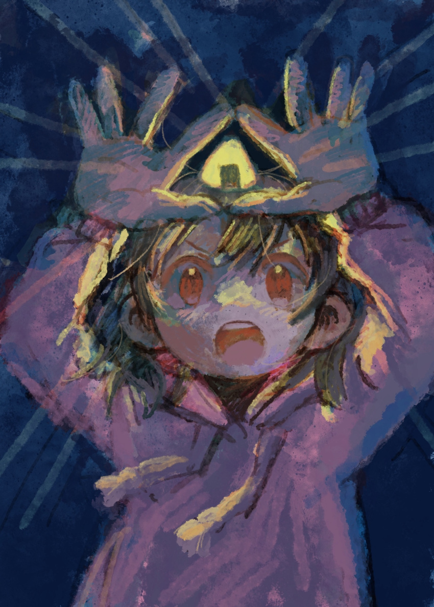 Safebooru - 1girl arms up blue background brown eyes brown hair drawstring food glowing highres ...