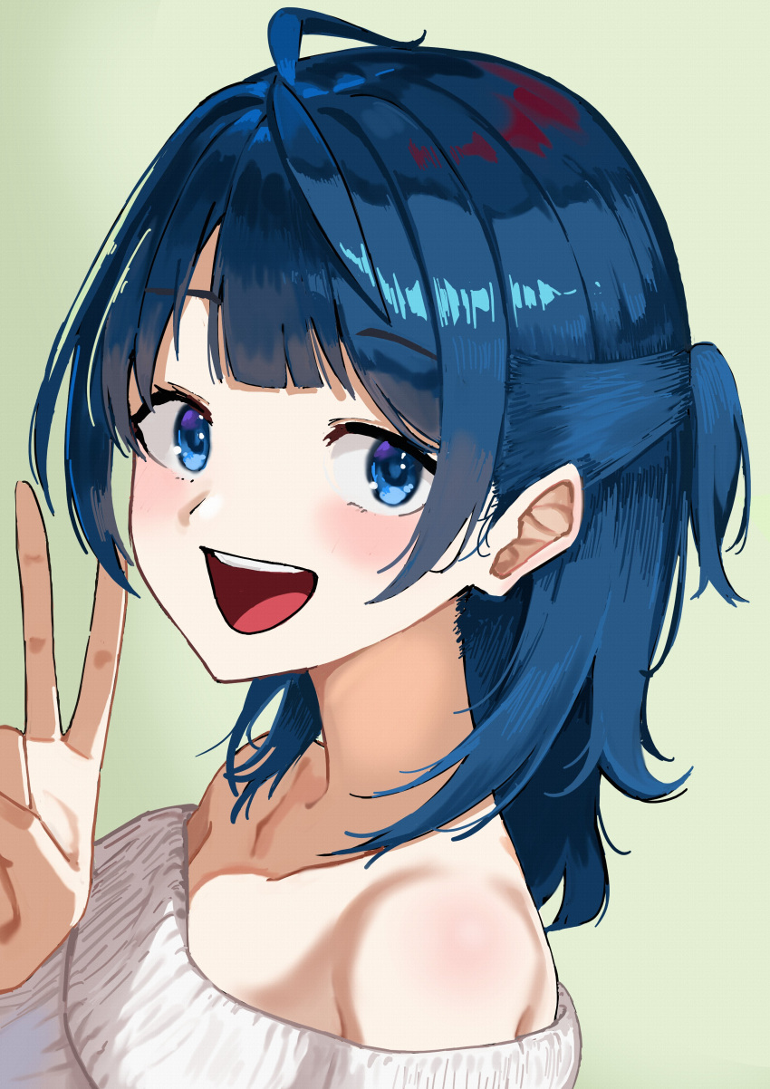 Safebooru - 1girl absurdres bare shoulders blue eyes blue hair blush collarbone from side green ...