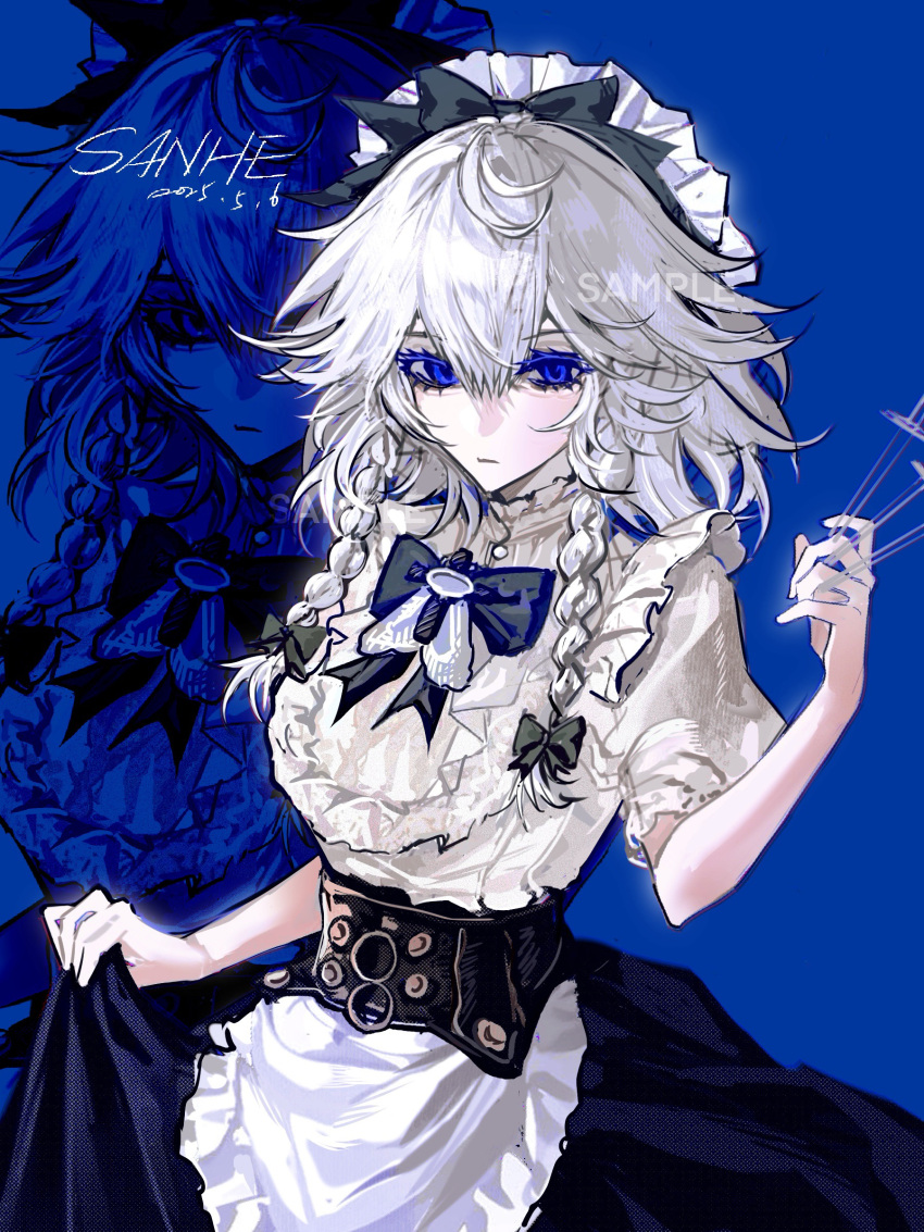 Safebooru - 1girl absurdres apron black bow black bowtie black skirt blue background blue eyes ...