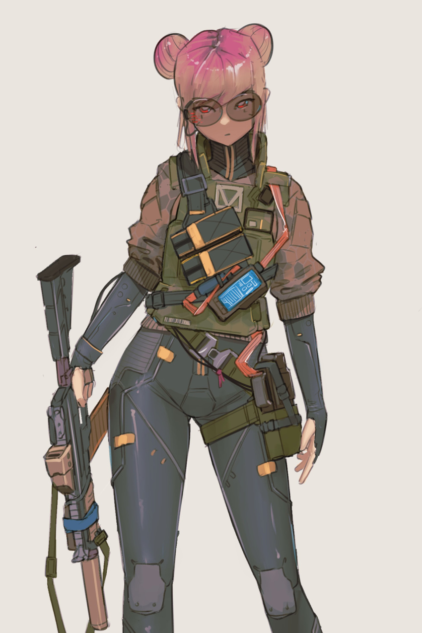 Safebooru - 1girl absurdres assault rifle bodysuit collar double bun gun hair bun highres jacket ...