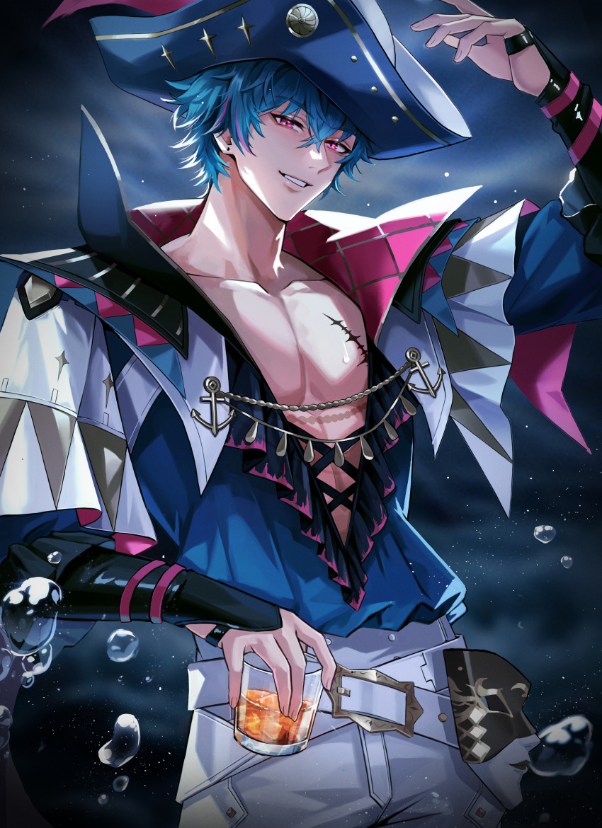 Safebooru - 1boy absurdres blue eyes brant (wuthering waves) commentary cup ear piercing hat ...