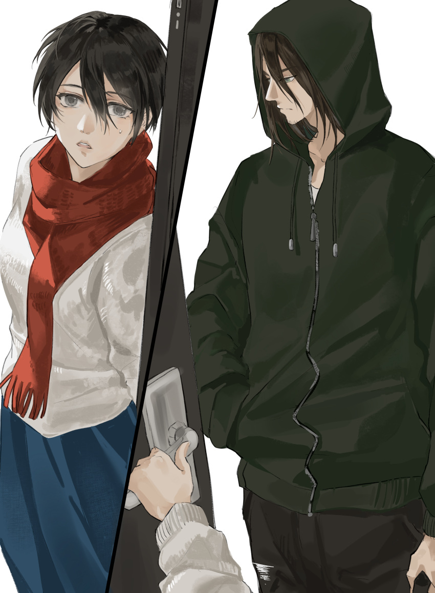 Safebooru - 1boy 1girl absurdres black hair black hoodie blue skirt ...