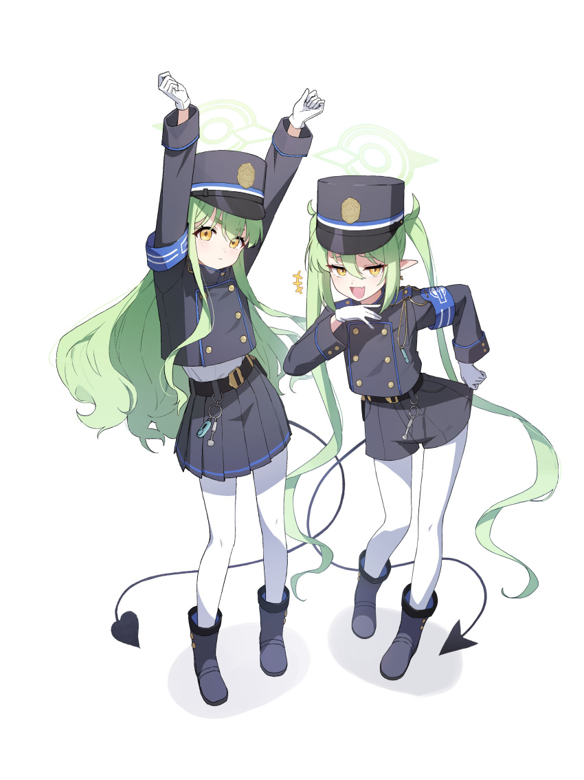 Safebooru - 2girls absurdres angcha blue archive demon tail flat chest full body green hair hat ...