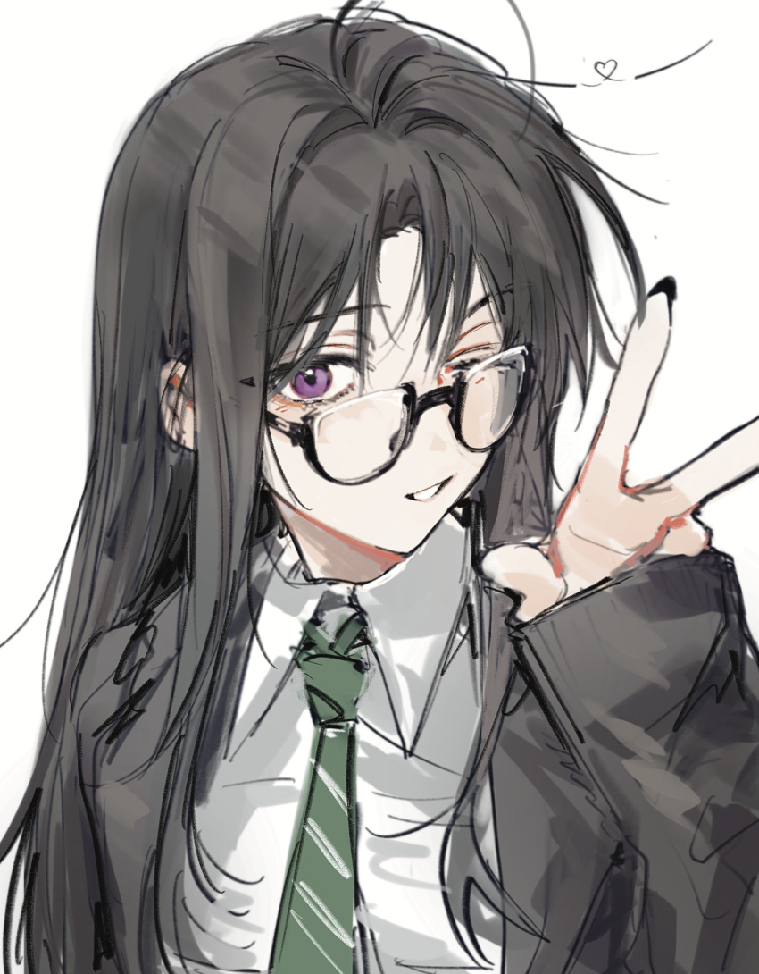 Safebooru - 1girl ahoge awa subaru bespectacled black-framed eyewear black hair black jacket ...