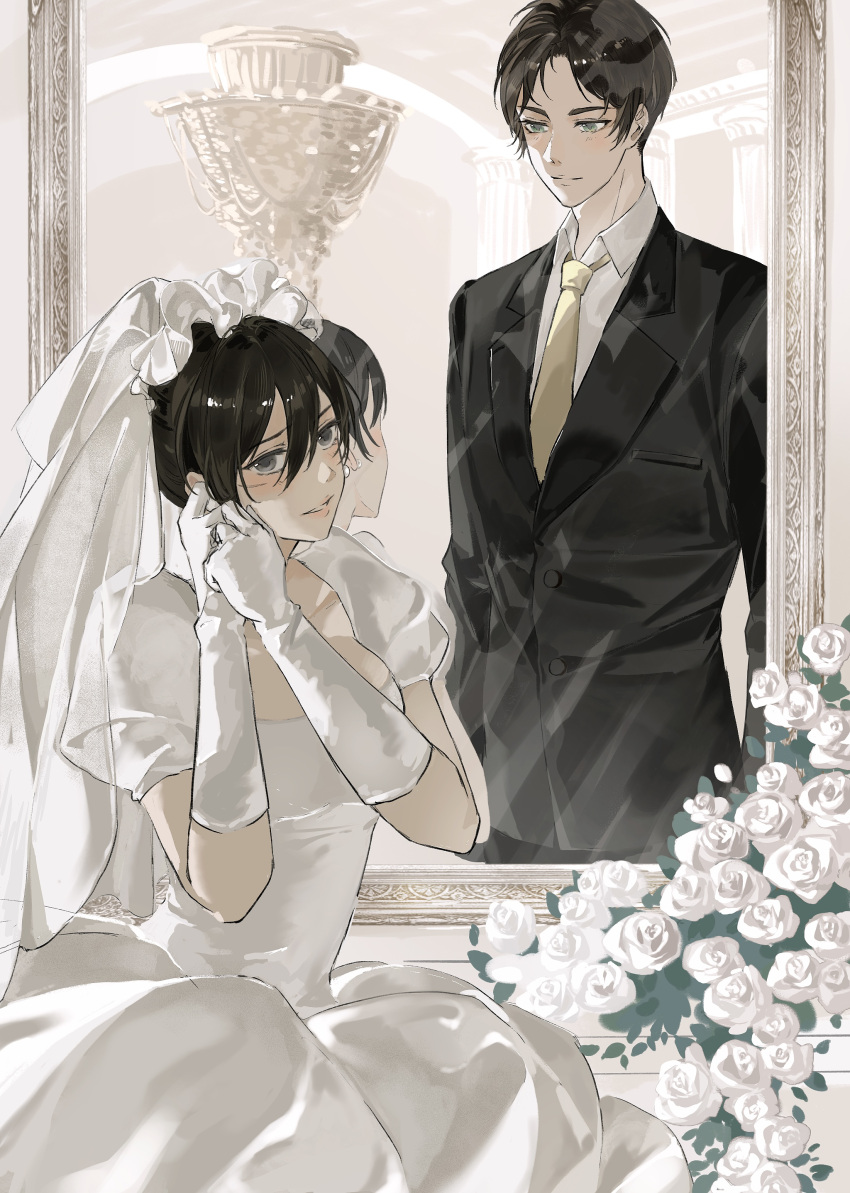 Safebooru - 1boy 1girl absurdres black hair black jacket black pants black suit breasts bridal ...