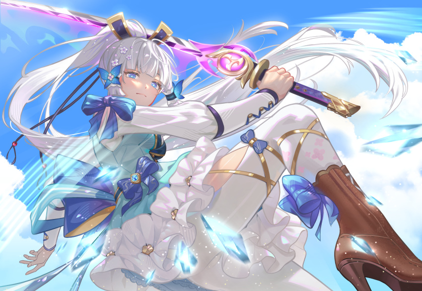 Safebooru - 1girl absurdres blue dress blue eyes blunt tresses boots brown boots butterfly hair ...