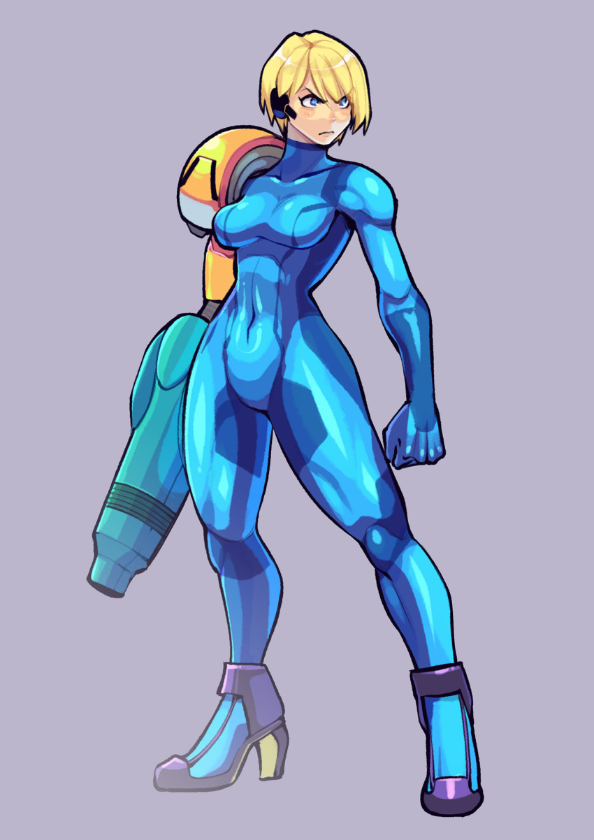 Safebooru - 1girl alternate hair length alternate hairstyle arm cannon blonde hair blue bodysuit ...