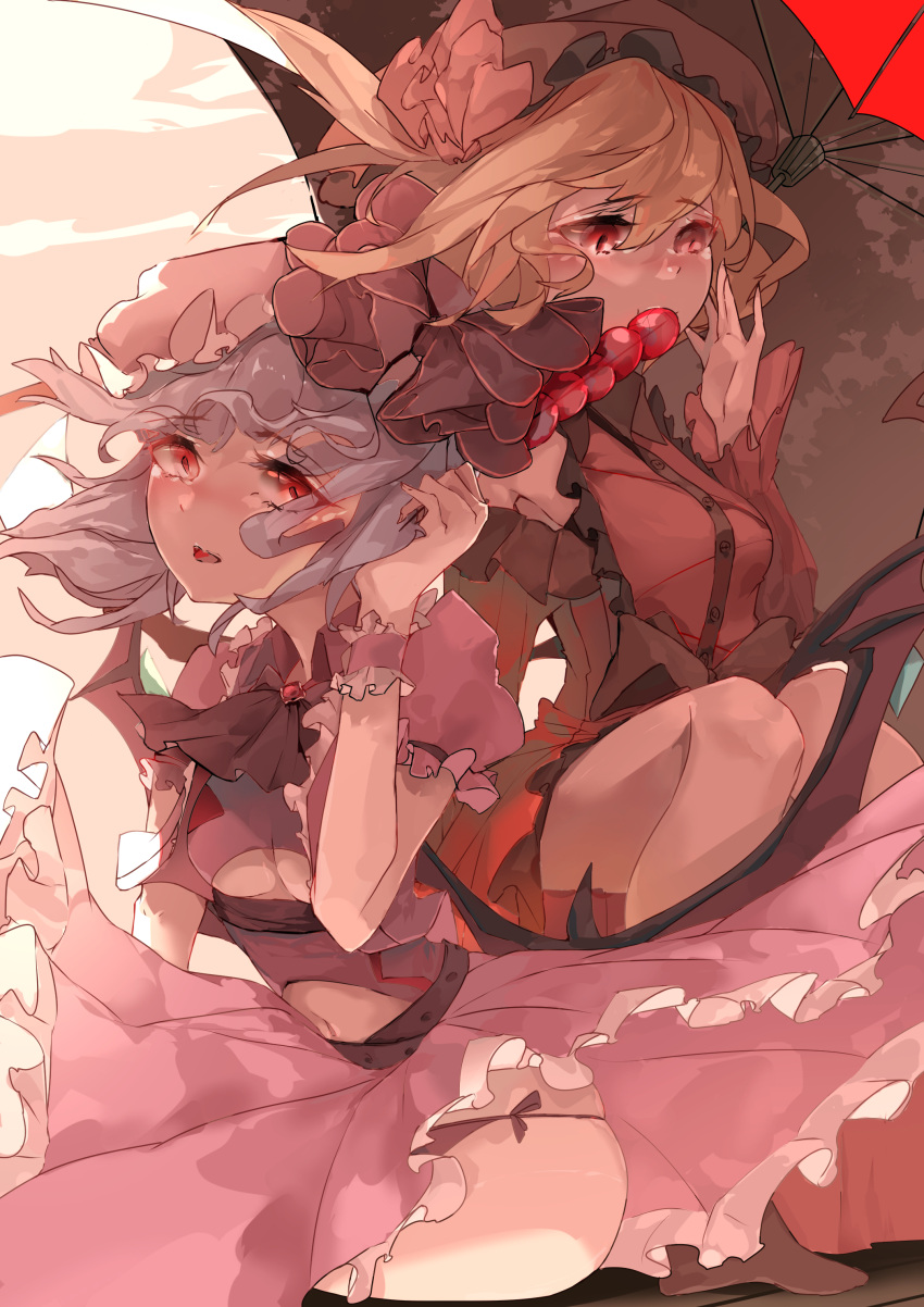 Safebooru - 2girls absurdres alternate costume ascot bat wings blonde hair blue hair blush bow ...