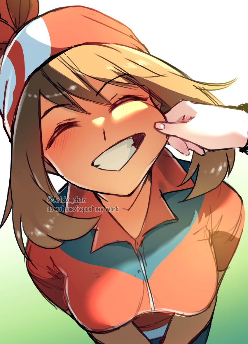 Safebooru - 1girl ariekochan bandana bike shorts blush breasts brown hair cheek pull closed eyes ...