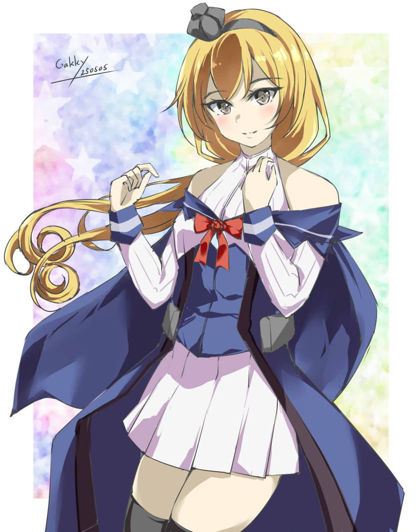 Safebooru - 1girl black thighhighs blonde hair blue capelet blue eyes blue overskirt capelet ...
