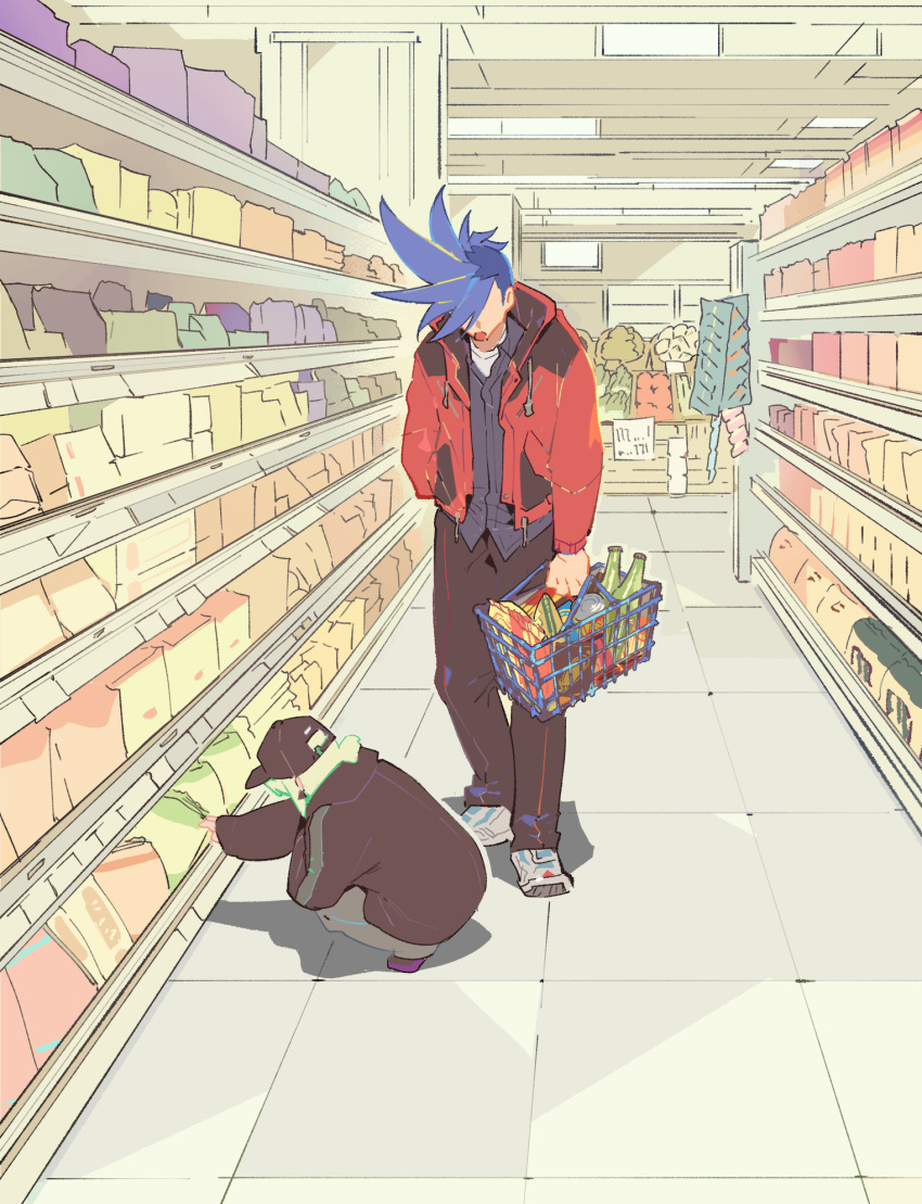 Safebooru - 2boys basket black shirt blue hair galo thymos green hair highres holding holding ...