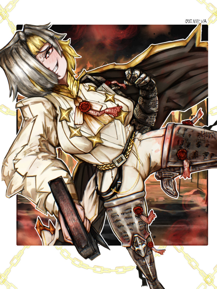 Safebooru - 1girl armor artist name belt blonde hair blood blood on clothes cape evil smile ...