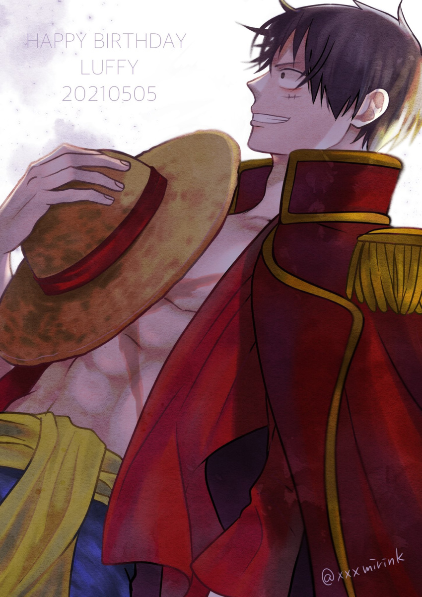 Safebooru - 1boy abs black hair coat dated dutch angle epaulettes happy ...