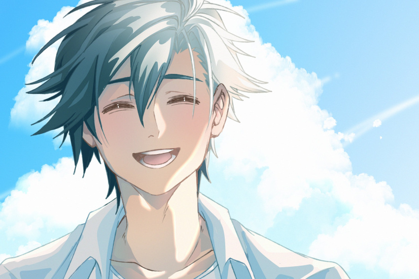 Safebooru - 1boy ahoge black hair blue sky closed eyes clouds curtained hair double-parted bangs ...