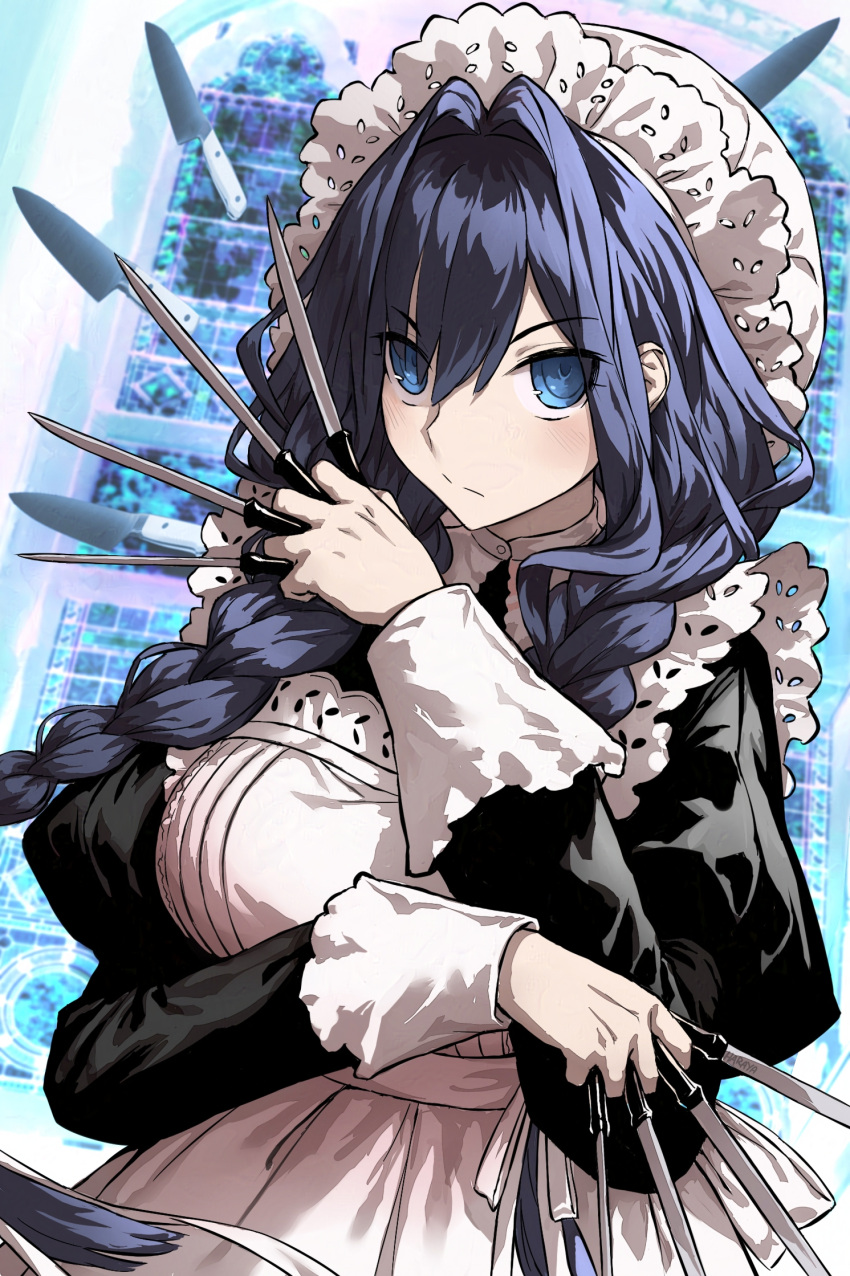 Safebooru - 1girl apron black dress blue eyes blue hair braid breasts closed mouth dress ...