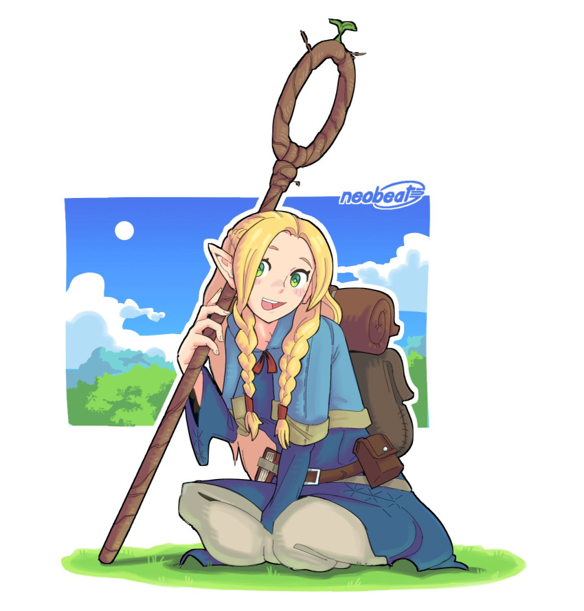 Safebooru - 1girl ambrosia (dungeon meshi) artist logo backpack bag blonde hair blue dress braid ...